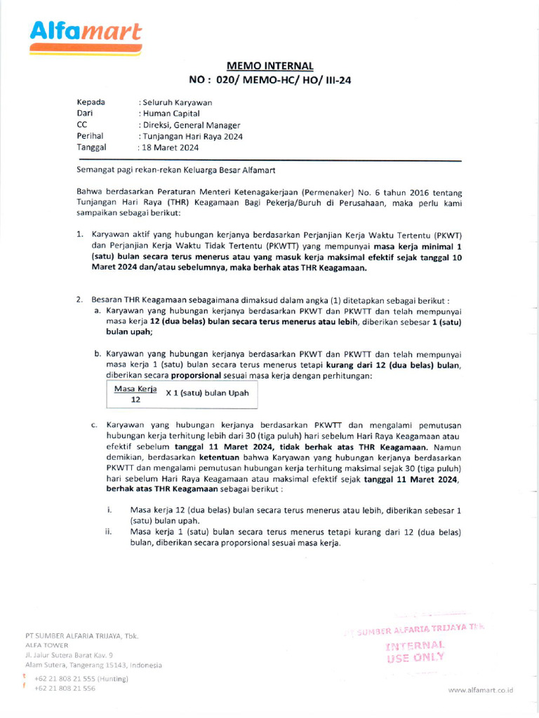 Memo Internal Tunjangan Hari Raya 2024 | PDF