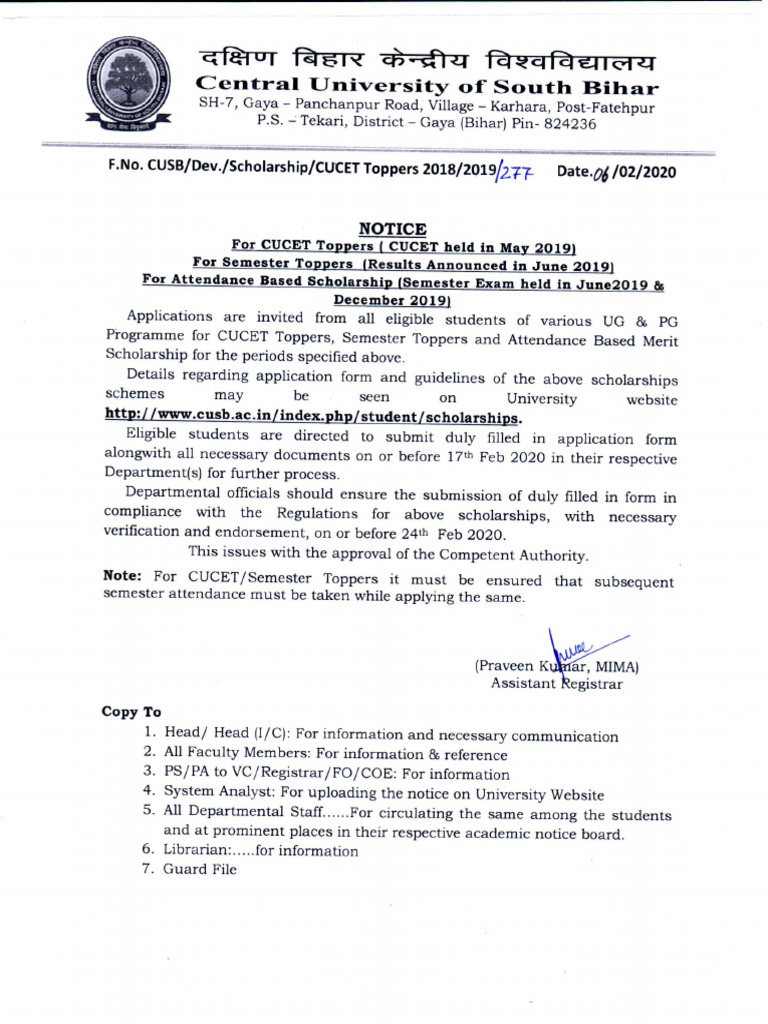 Notice Cucet Sem Topper | PDF