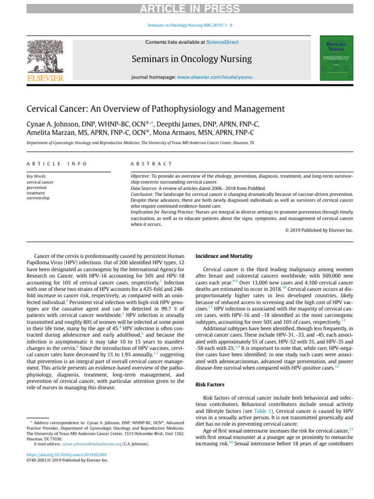 Cervical Cancer - An Overview of Pathophysiology and Management | PDF ...