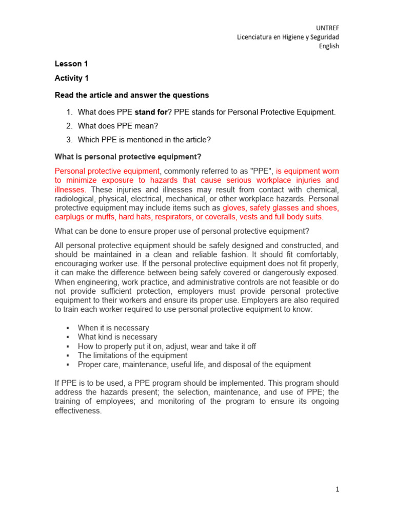 Lesson 1 Answers | PDF | Personal Protective Equipment | Safety