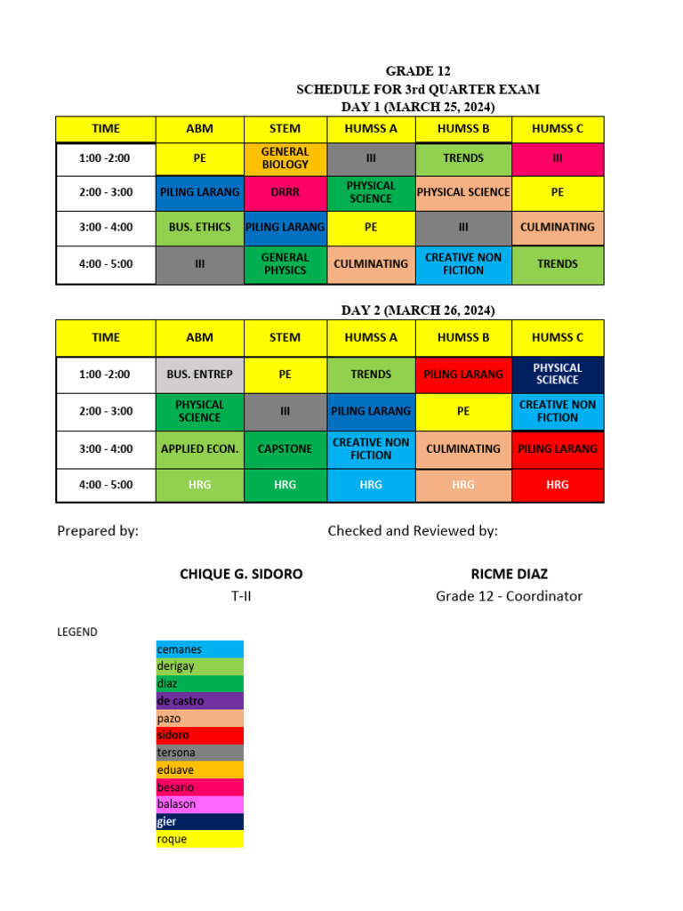 Grade 12 3rd Quarter Exam Schedule | PDF