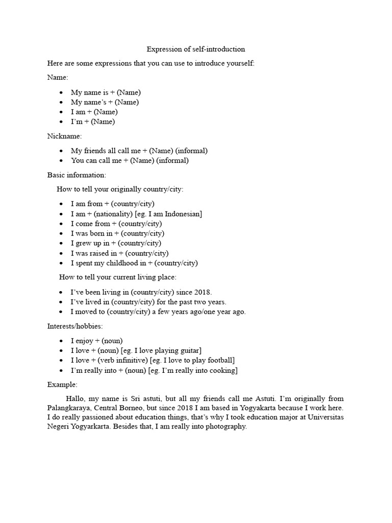 Expression and Example of Self-Introduction | PDF | Language Arts ...