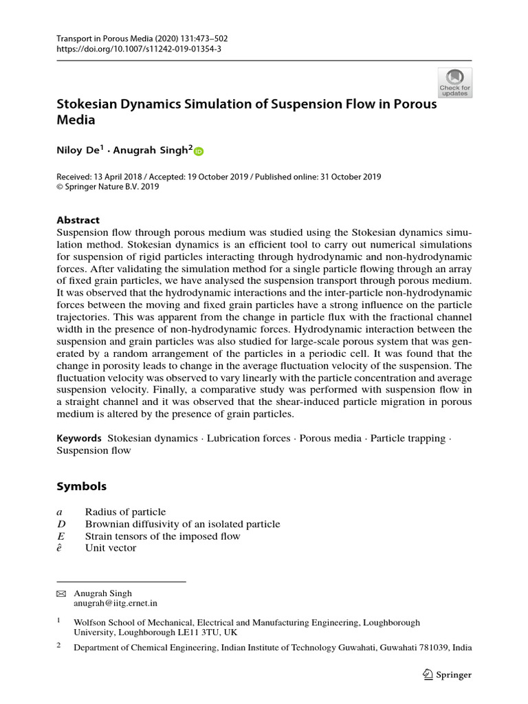 Stokesian Dynamics Simulation of Suspension Flow in Porous Media | PDF | Drag (Physics) | Porosity
