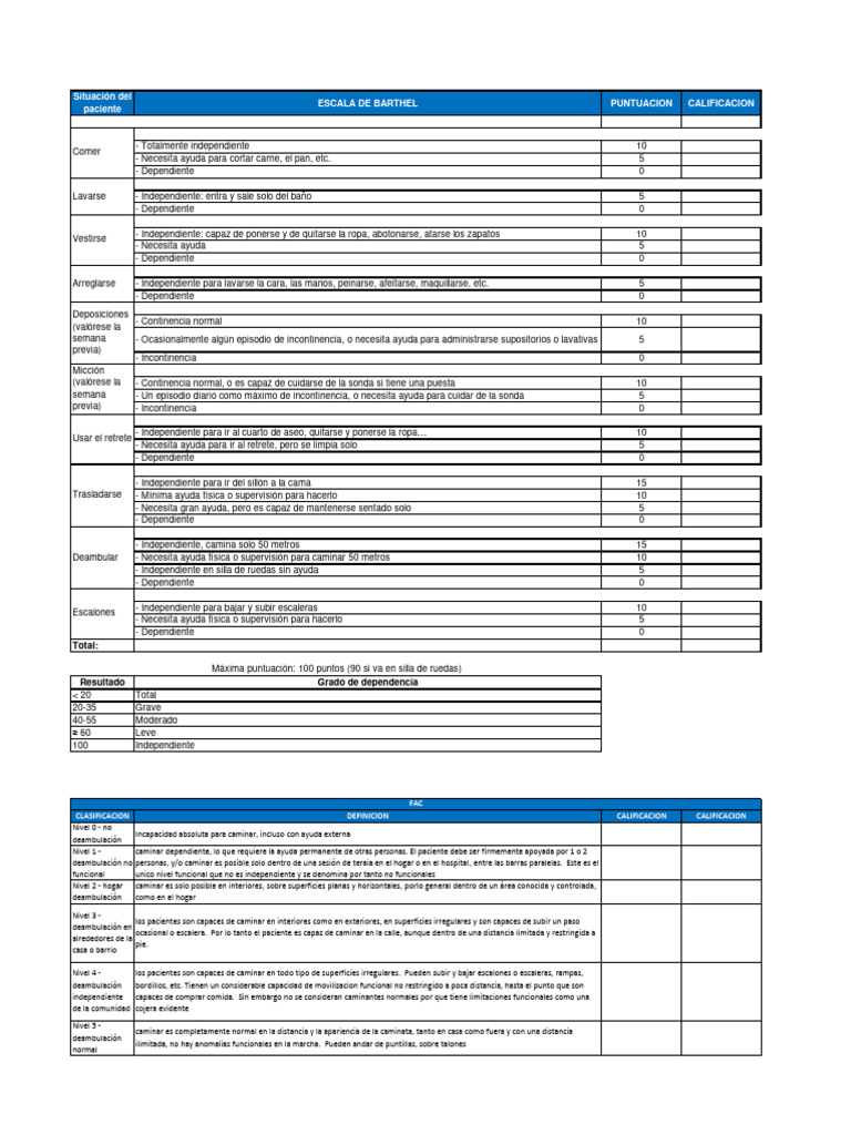 Escala de Barthel y FAC: Puntuación y Clasificación | PDF