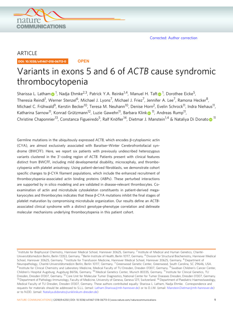 Variants in Exons 5 and 6 of ACTB Cause Syndromic Thrombocytopenia ...