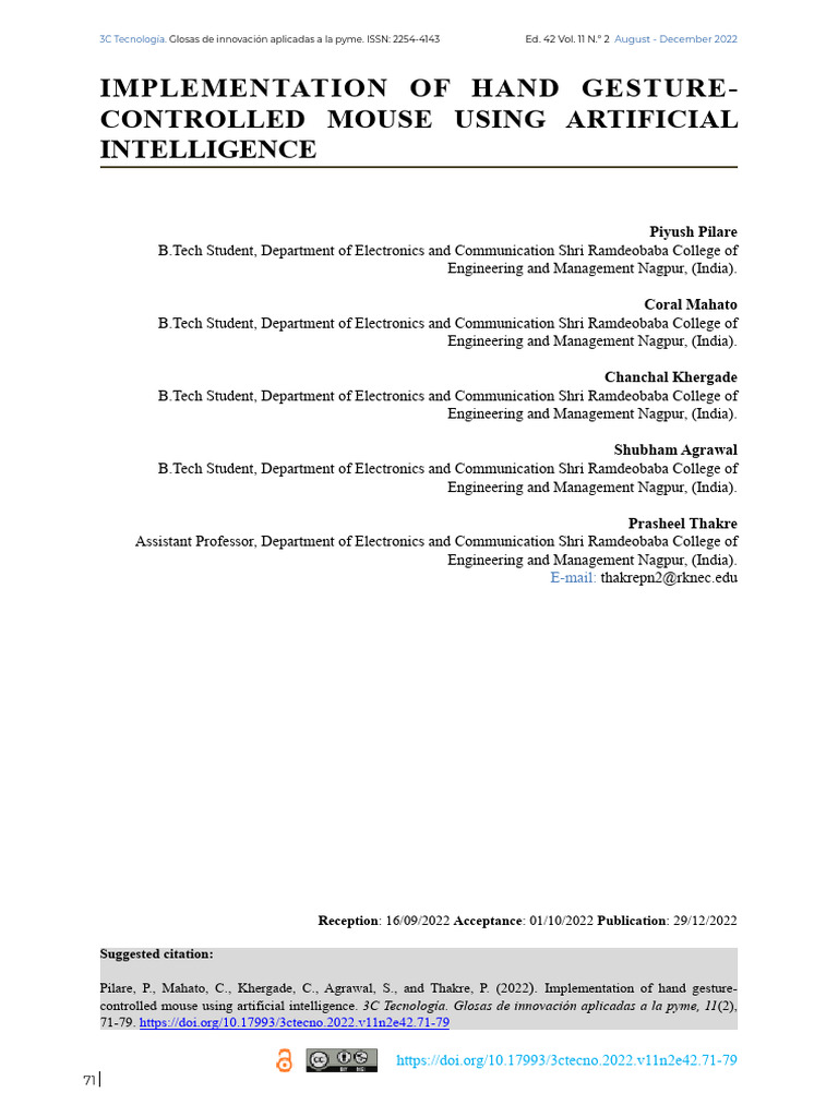 Art 6 3c Tecnologia Ed42 Vol11 N2 Implementation Of Hand Gesture Controlled Mouse Using