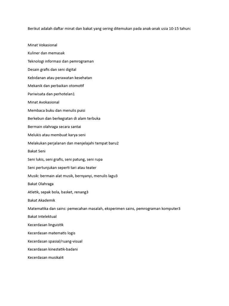 Contoh Minat dan Bakat Siswa Usia 10-15 | PDF | Game & Aktivitas | Seni