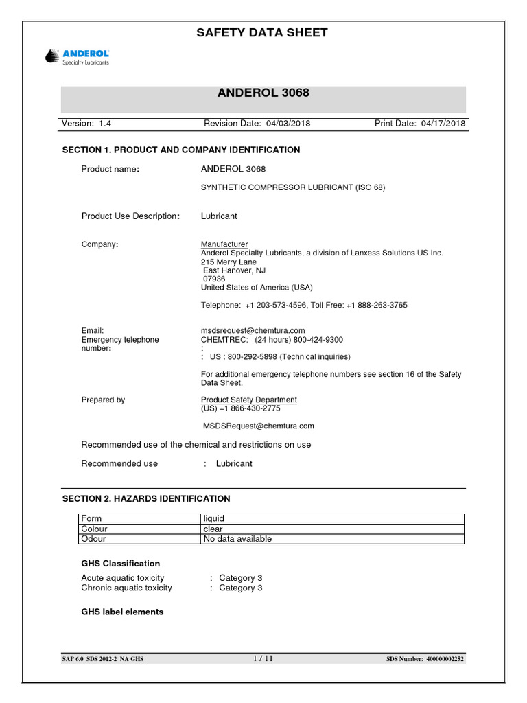 Anderol 3068 Safety Data Sheet | PDF | Toxicity | Toxicology