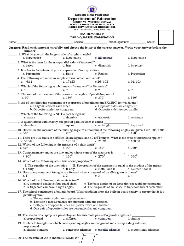 Math 9 3rd QE 23-24 | PDF | Rectangle | Triangle