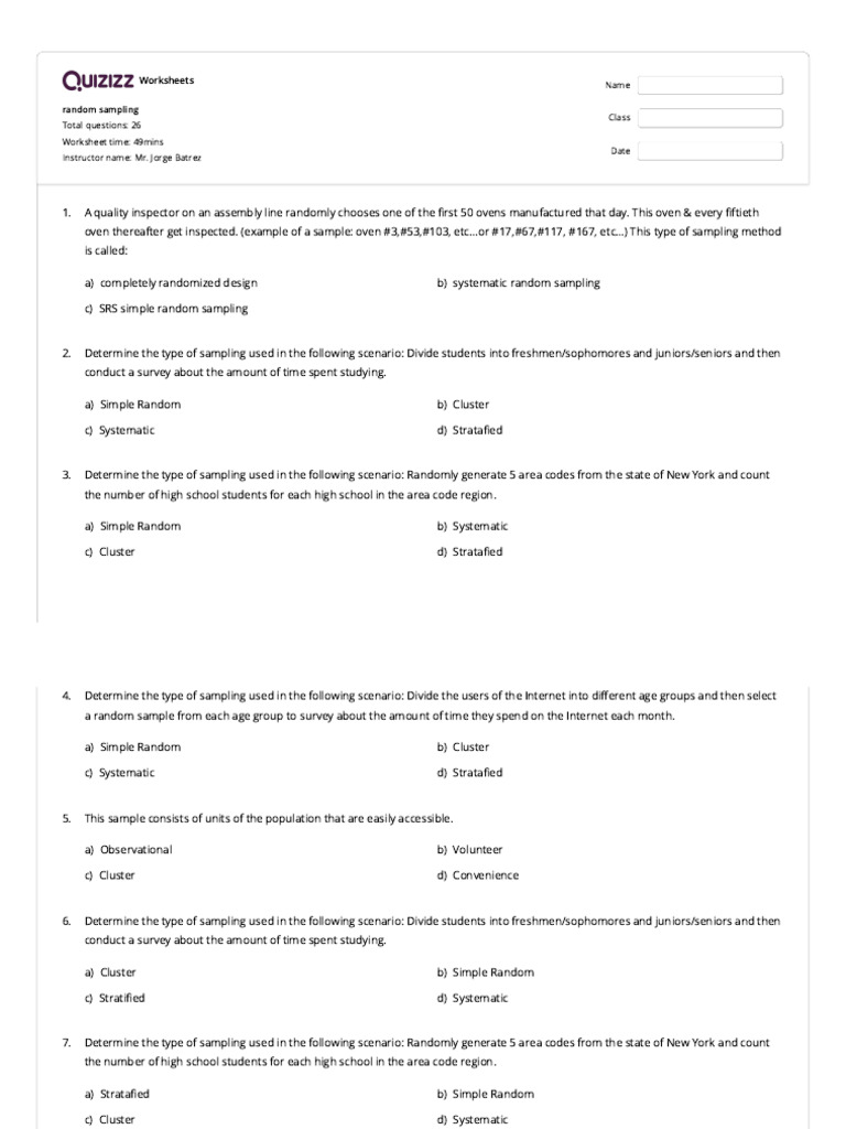 Sampling Methods Worksheet | PDF | Sampling (Statistics) | Stratified ...