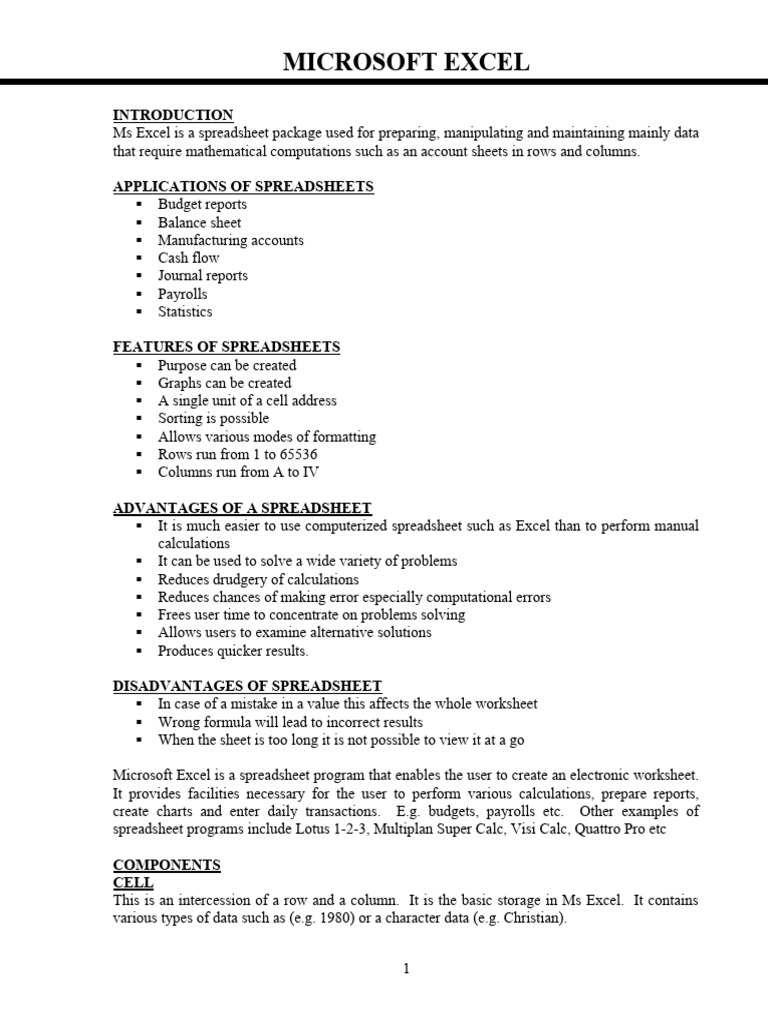 MICROSOFT EXCEL Mannual | PDF | Microsoft Excel | Spreadsheet