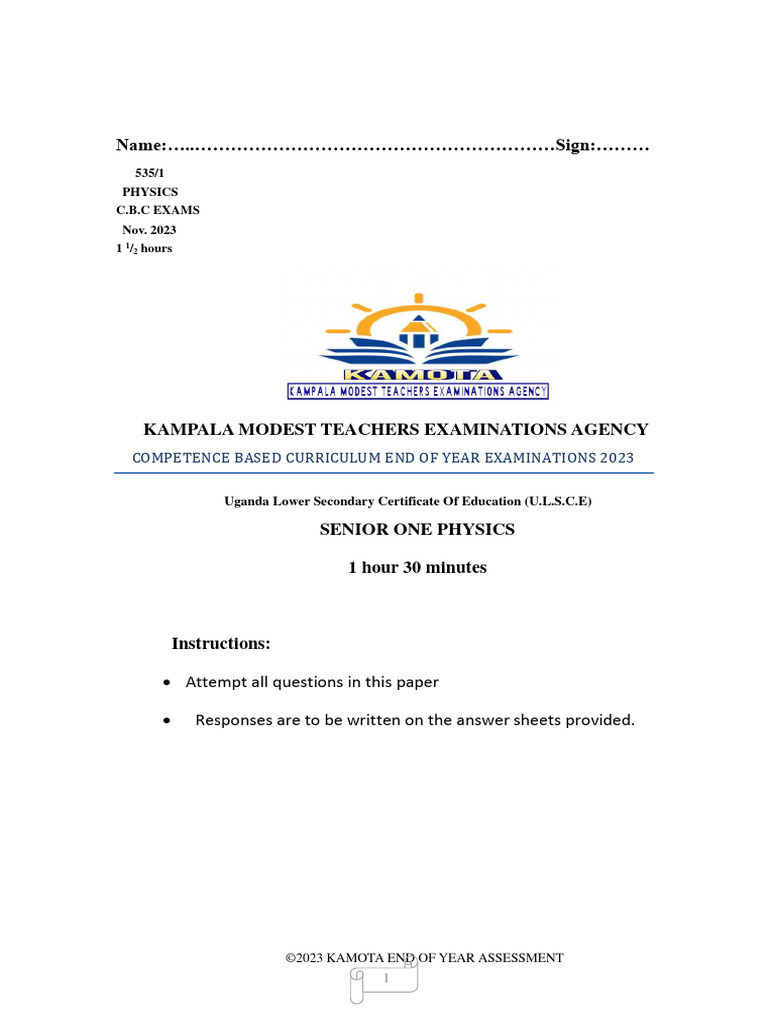S1 Phy Eot 3 Kamota 2023 | PDF | Measurement | Science