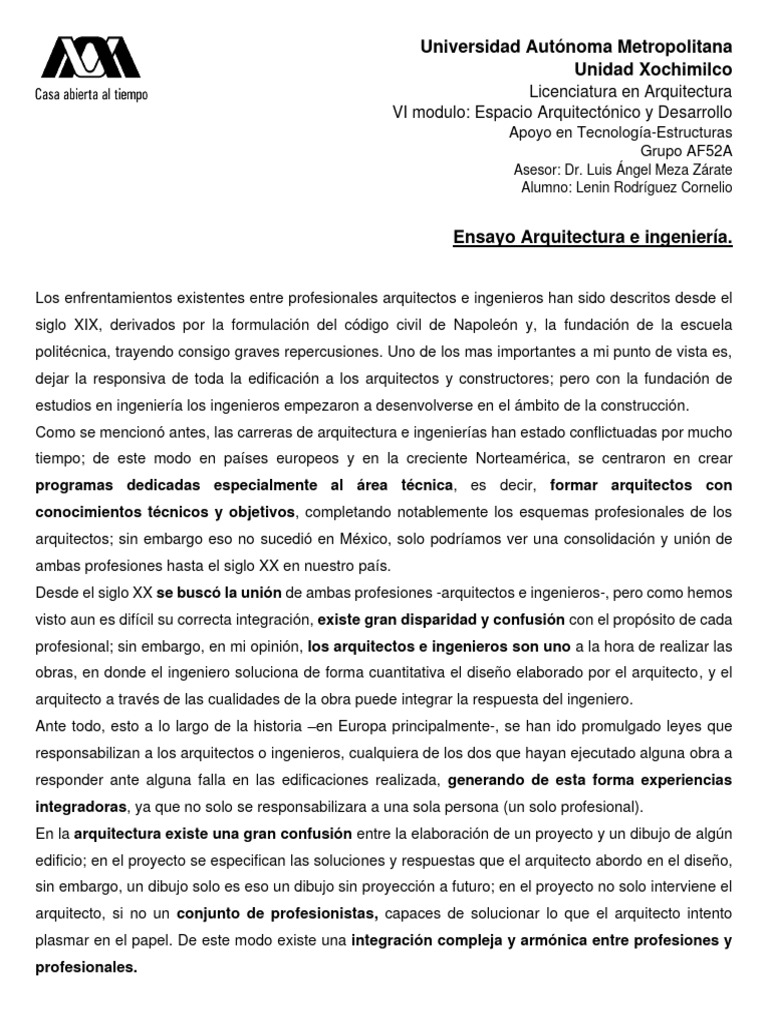 Ensayo Arquitectura e Ingenieria | PDF | Arquitecto | Ingeniería