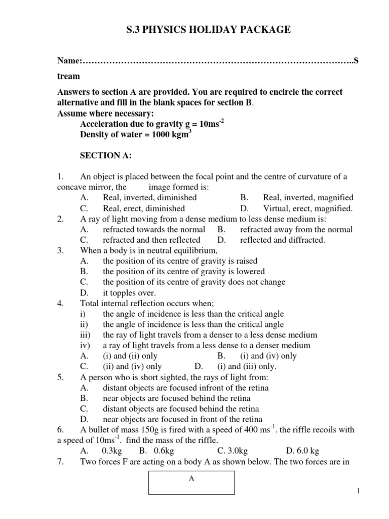 S.3 PHYSICS PAPER 1 Holiday Package | PDF | Force | Optics