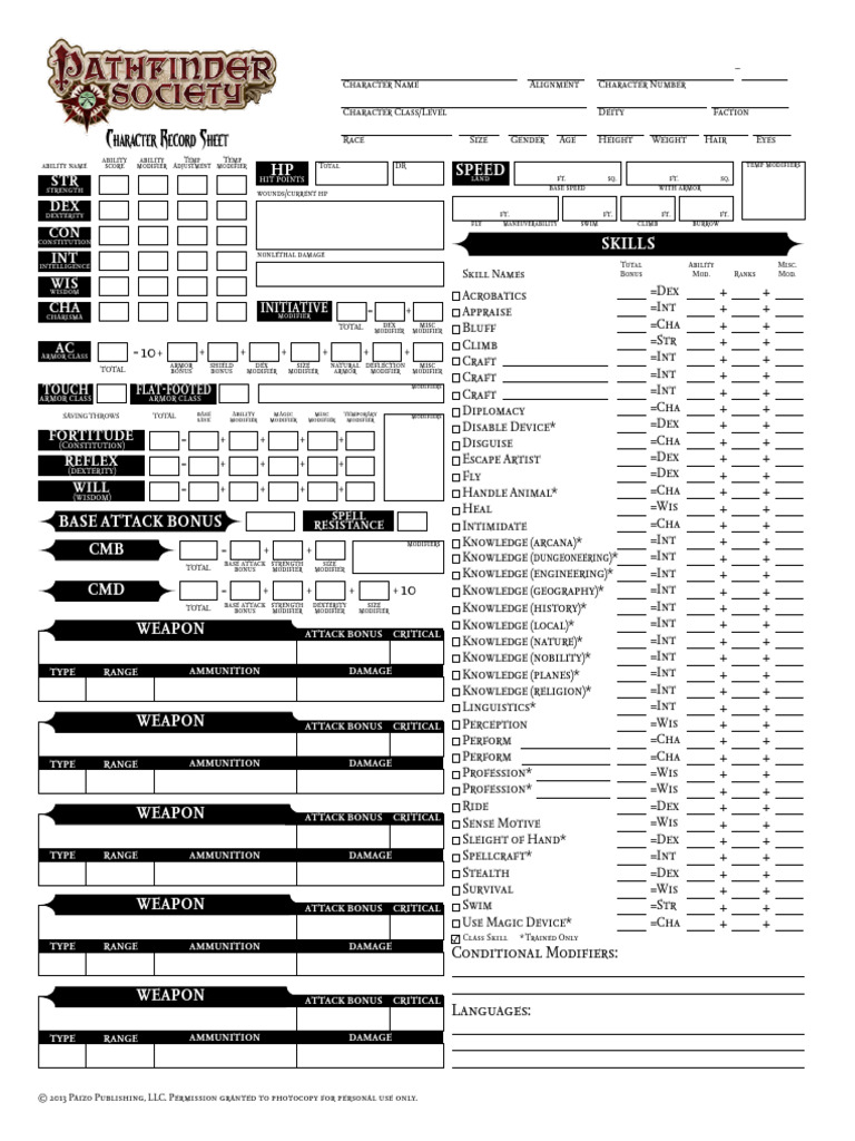 Character Sheet Pathfinder | PDF | Role Playing Games