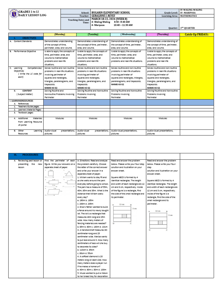 WLP - Math 4 - Q3 - W8 | PDF | Length | Rectangle