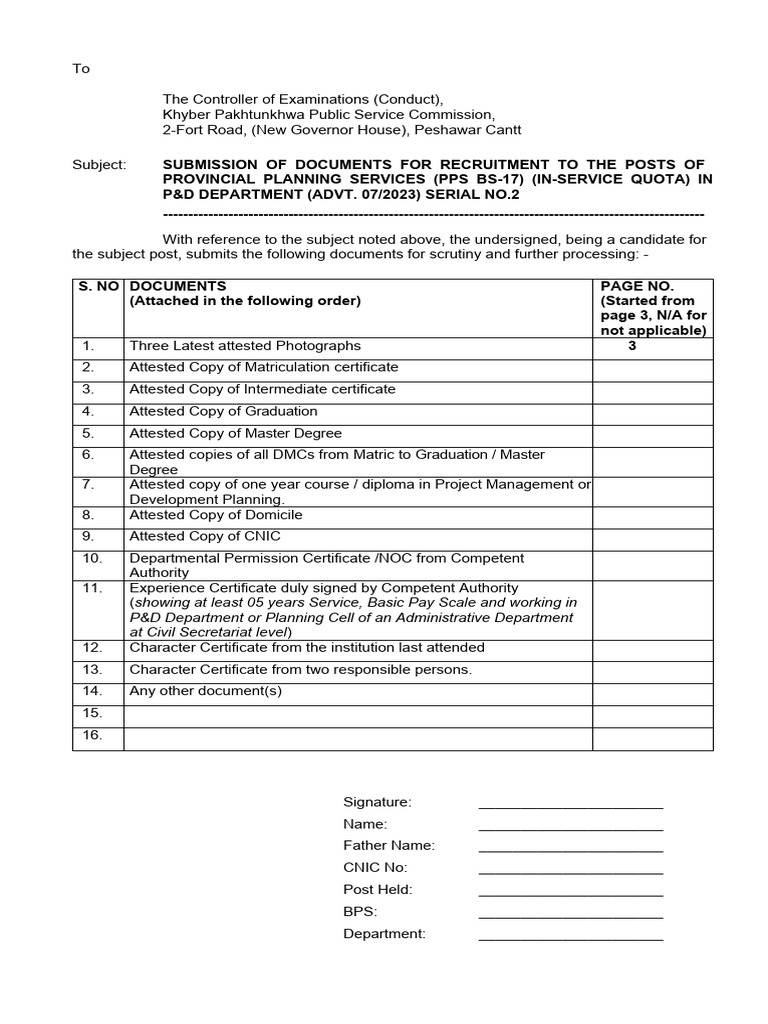 PPS_In_Service_Submission_Documents_proforma_Advt_No_07_2023_2024 | PDF ...