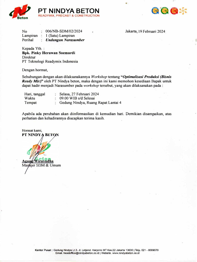 Undangan Narasumber Workshop PT Nindya Beton | PDF
