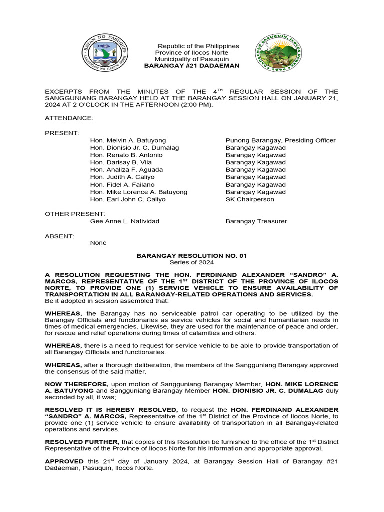 Resolution Requesting Service Vehicle | PDF | Philippines
