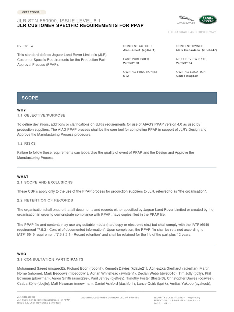 JLR PPAP Customer Specific Requirements | PDF | Analysis Of Variance ...