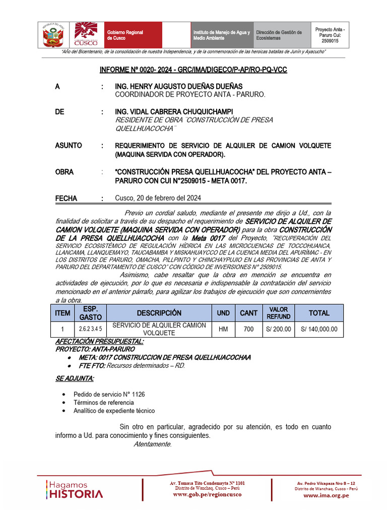 INF 21 23 24 TDR SERVICIOS ALQ RODILLO, CISTERNA, MOTONIVELADORA Quelhuacocha | PDF | Perú ...