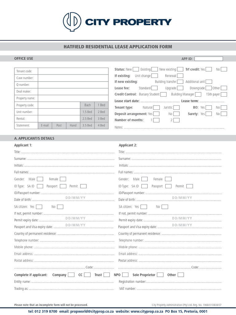 The Fields Hatfield Residential Lease Application Form | PDF | Lease ...
