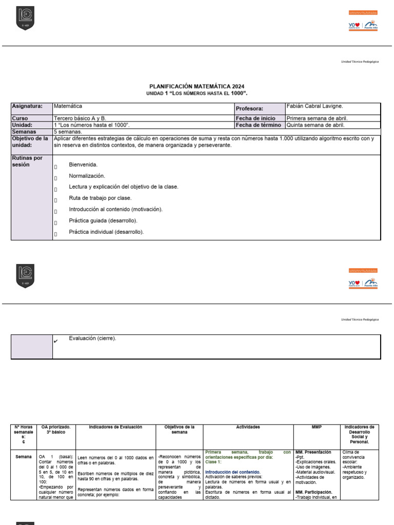 PL UNIDAD 1 MAT 3ro BÁSICO | PDF | Evaluación | Multiplicación