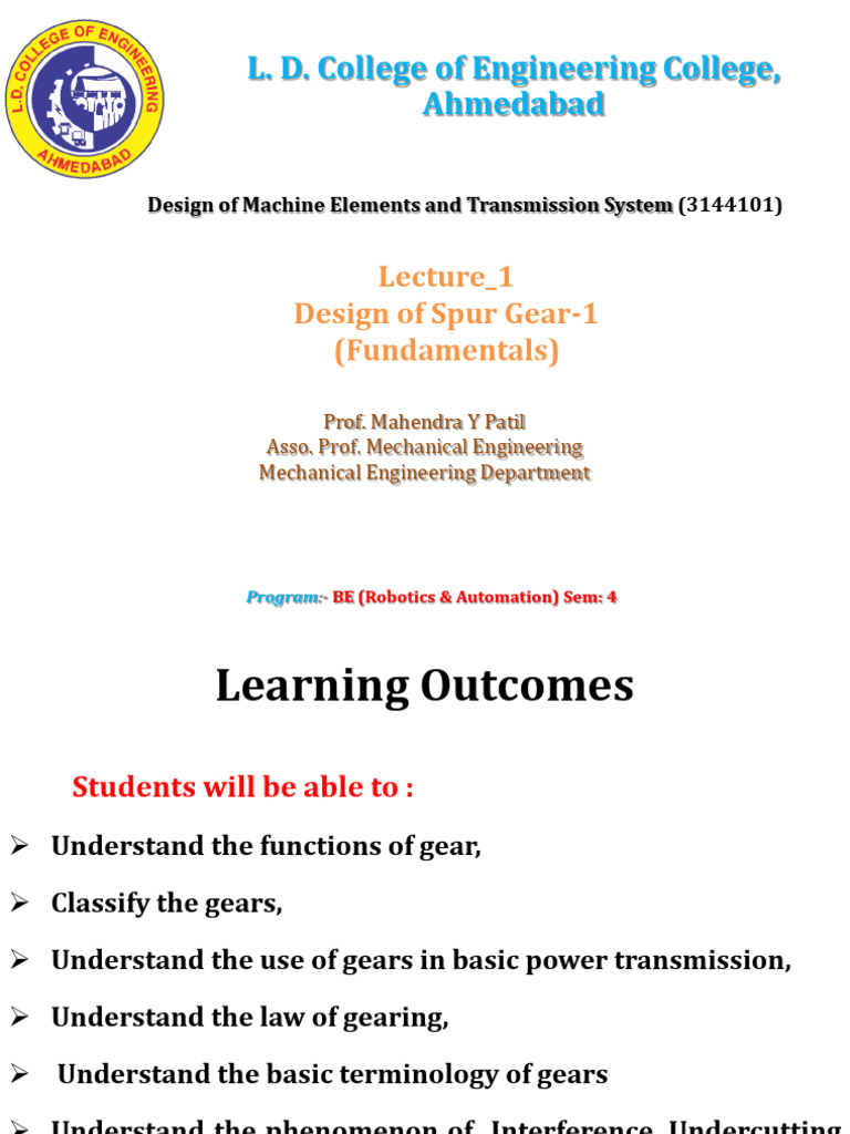 Design of Spur Gear - Fundamentals - 1 | PDF
