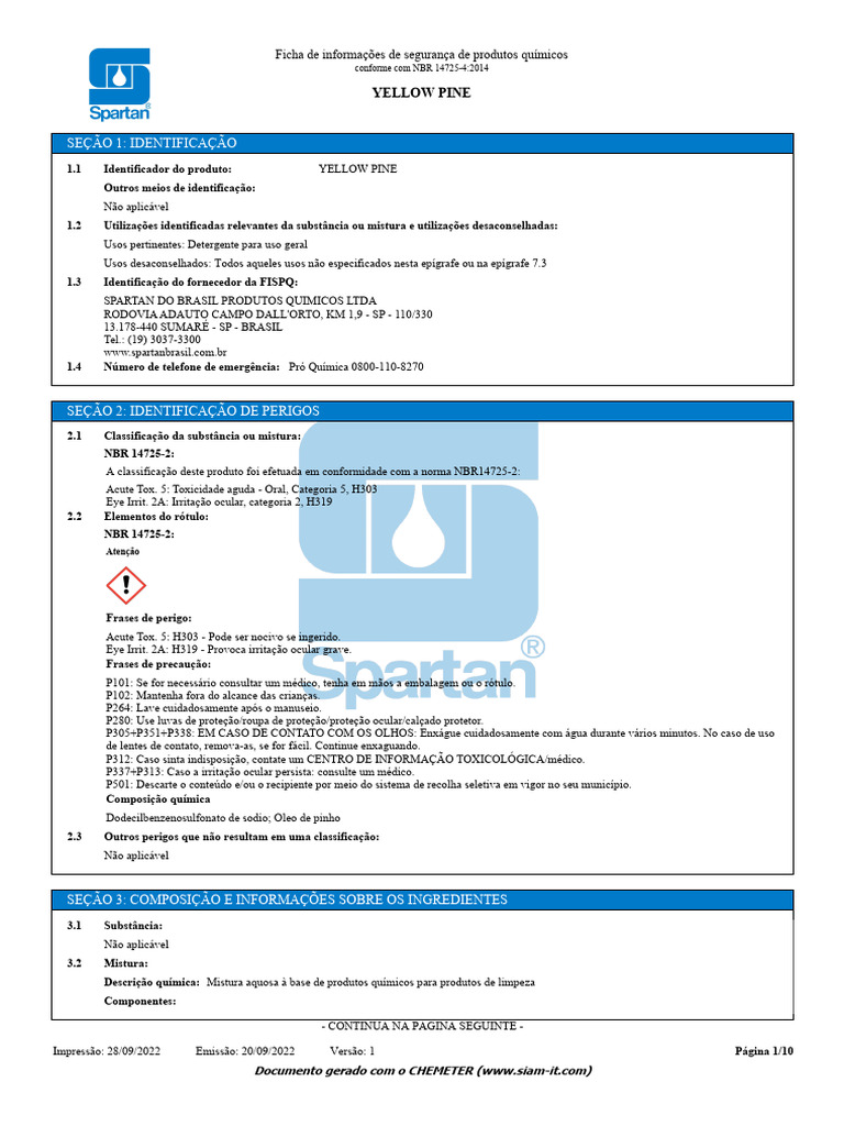 FISPQ - Yellow - Pine | PDF | Desperdício | Química