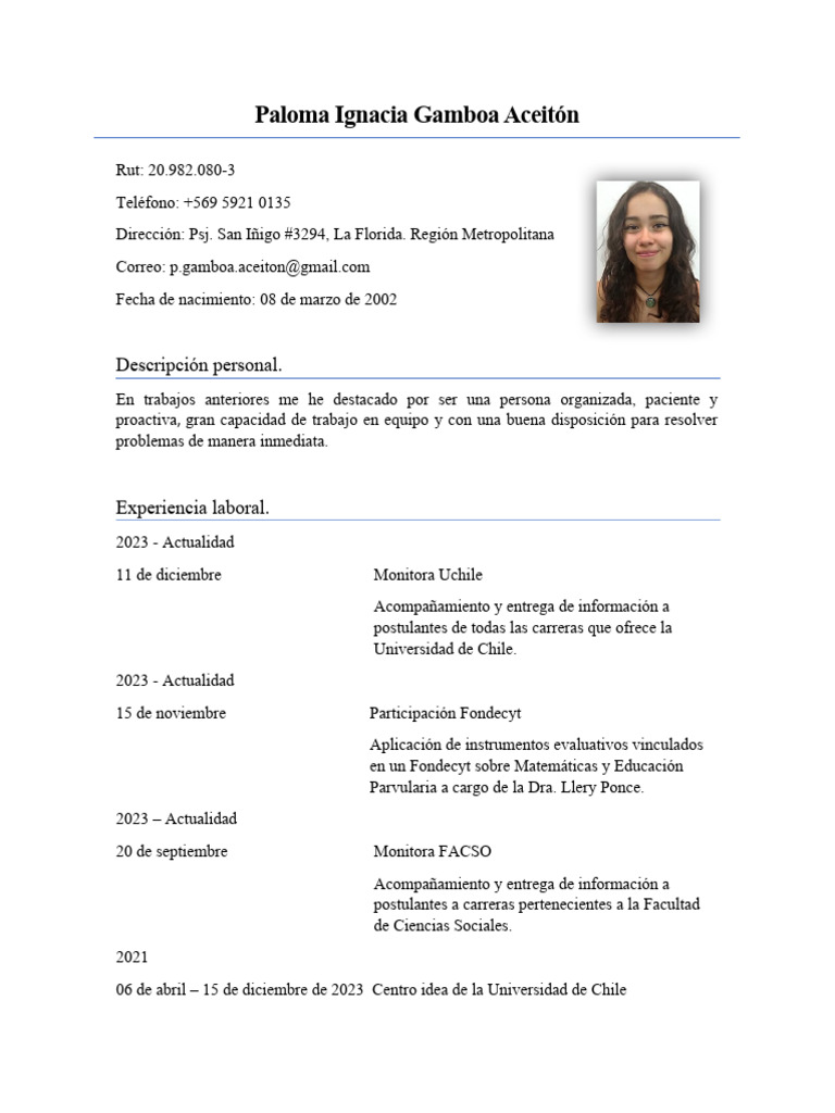 Paloma Gamboa. Currículum Vitae | Descargar gratis PDF | Educación de la primera infancia ...