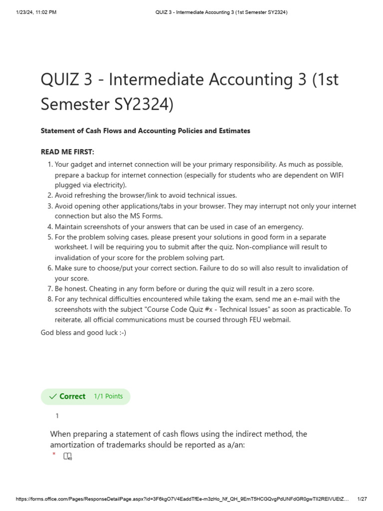 Quiz 3 Intermediate Accounting 3 1st Semester Sy2324 Pdf Cash Flow