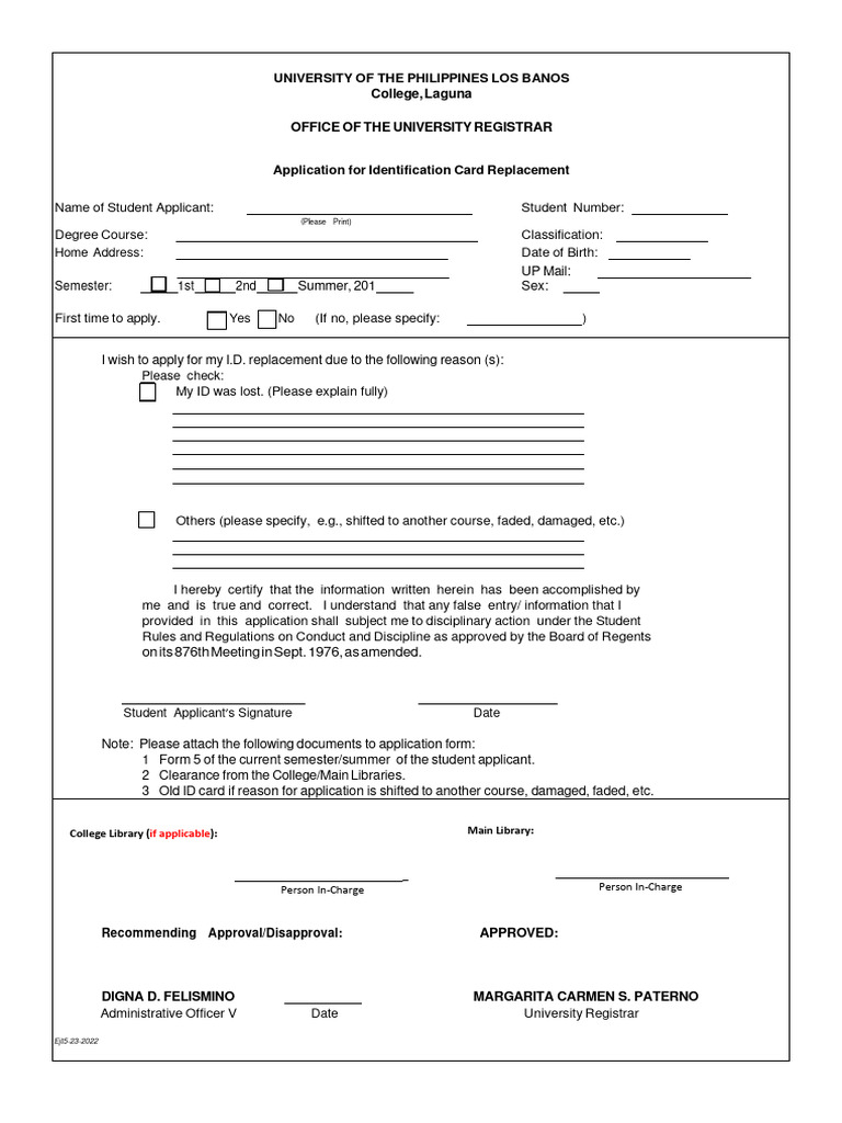 UPLB ID Replacement Application Form | PDF | Identity Document | Government
