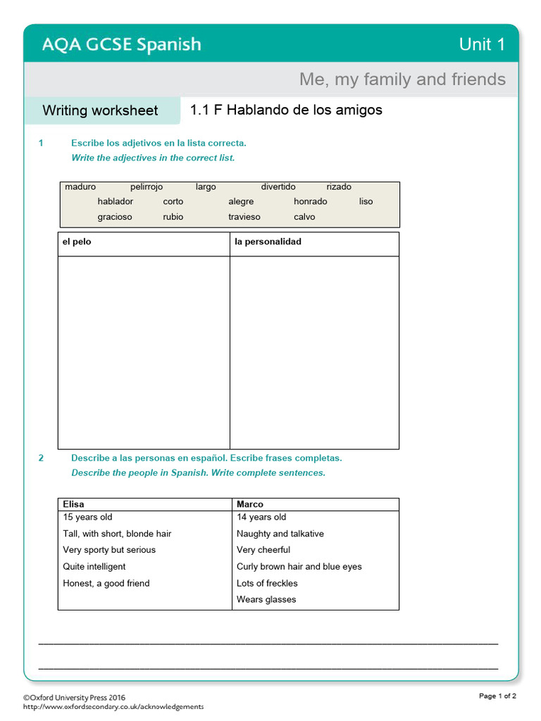 Adjective Writing Worksheet in Spanish | PDF