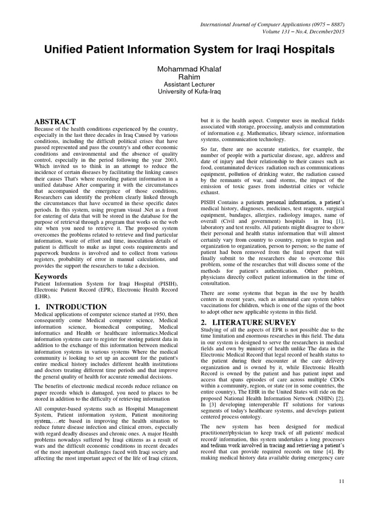 Unified Patient Information System For Iraqi Hospi | PDF | Electronic ...