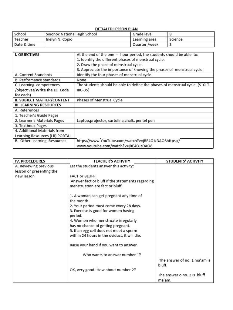 Phases of Menstrual Cycle G-10 DETIALED LESSON PLAN | PDF