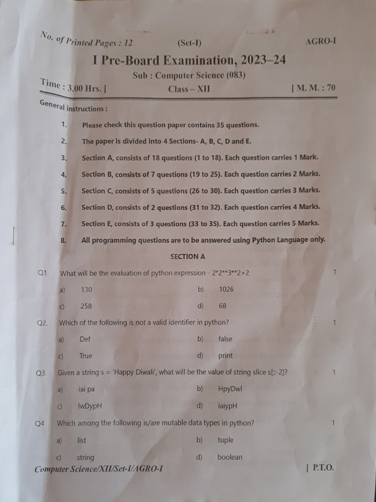 Class 12 TH Computer Science PRE BOARD 1 | PDF | Computing | Data ...
