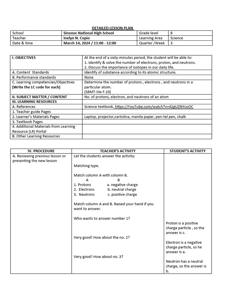 Lesson Plan: Atoms and Isotopes for Grade 8 | PDF | Chemical Elements | Proton