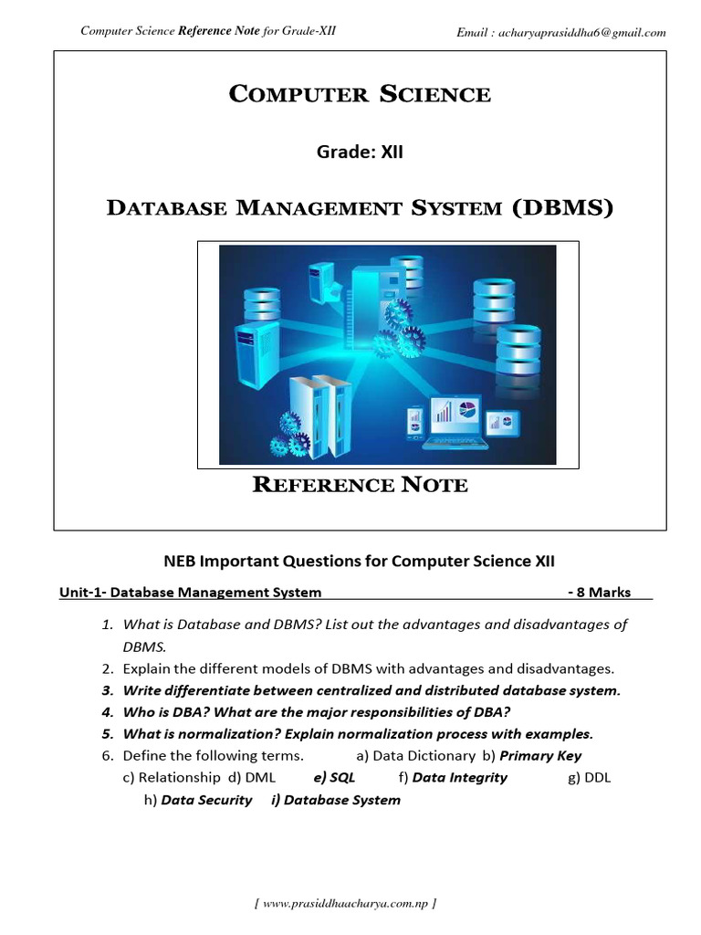 Neb Class 12 Computer Database Management System Dbms Notes Pdf Databases Database Index