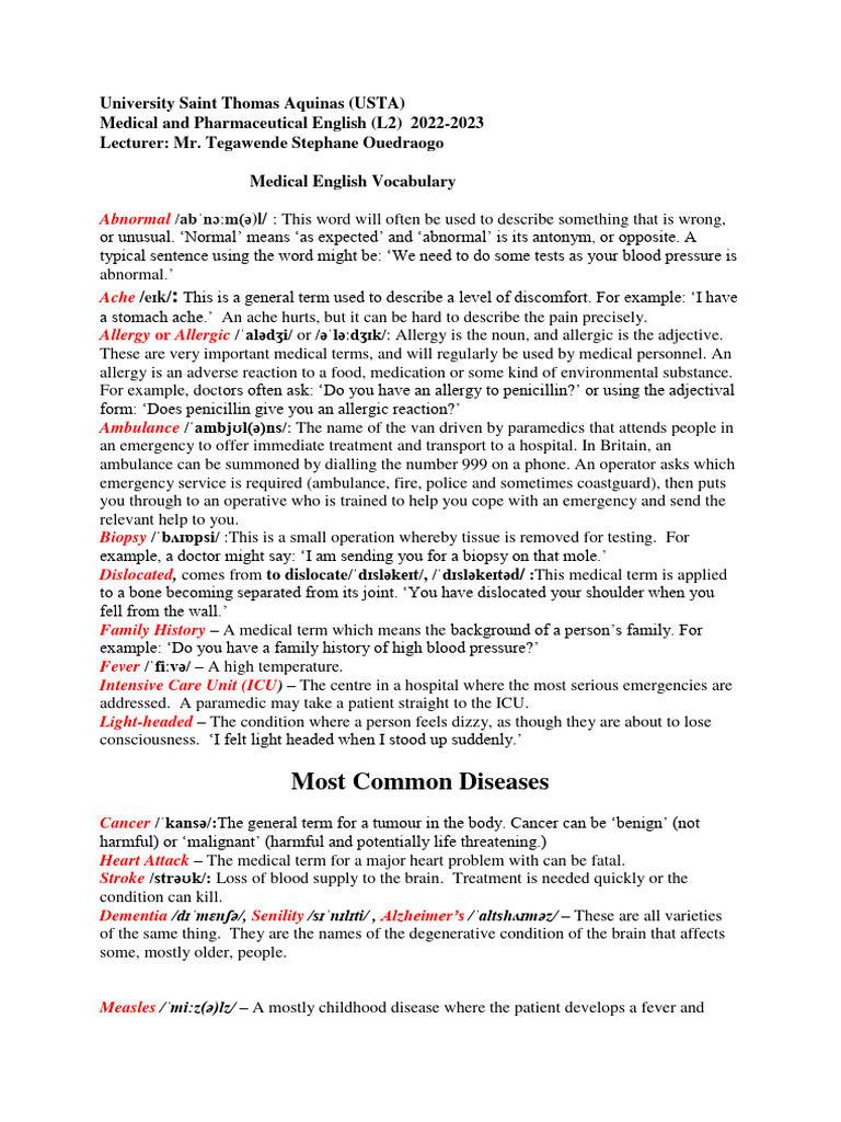 Medical and Pharmaceutical English Vocabulary | PDF | Dementia | Allergy