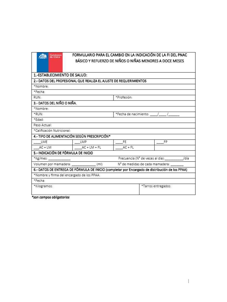 LM PNAC Formulario para El Cambio en La Indicacion de La FI Del PNAC Basico o Refuerzo | PDF