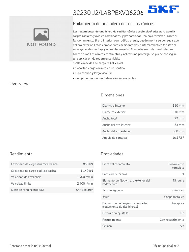 SKF 32230 J2 - L4BPEXVQ6206 Specification | PDF