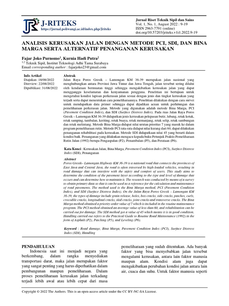 Analisis Kerusakan Jalan Dengan Metode Pci, Sdi, Dan Bina Marga Serta Alternatif Penanganan ...
