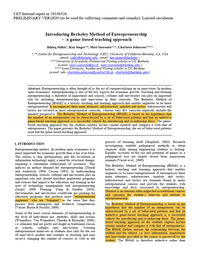 Berkeley Method of Entrepreneurship | PDF | Entrepreneurship | Self ...