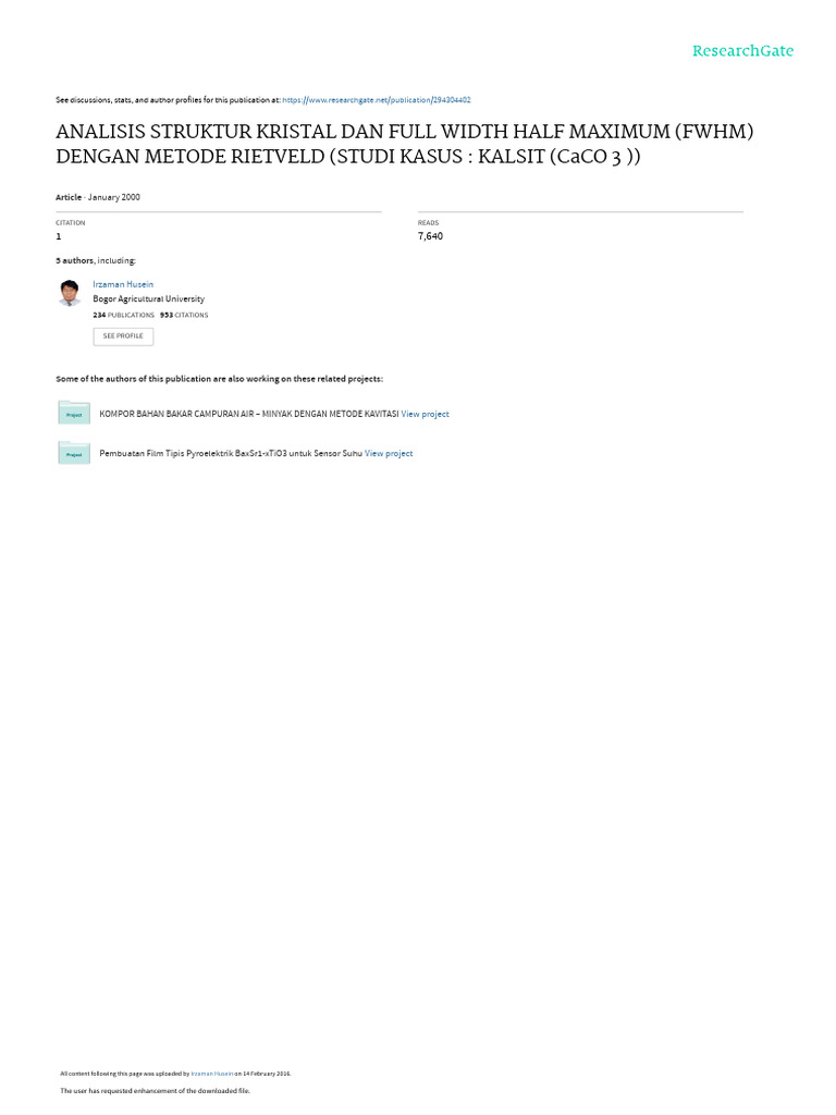 Analisis Struktur Kristal Dan Full Width Half Maximum (FWHM) Dengan Metode Rietveld (Studi Kasus ...