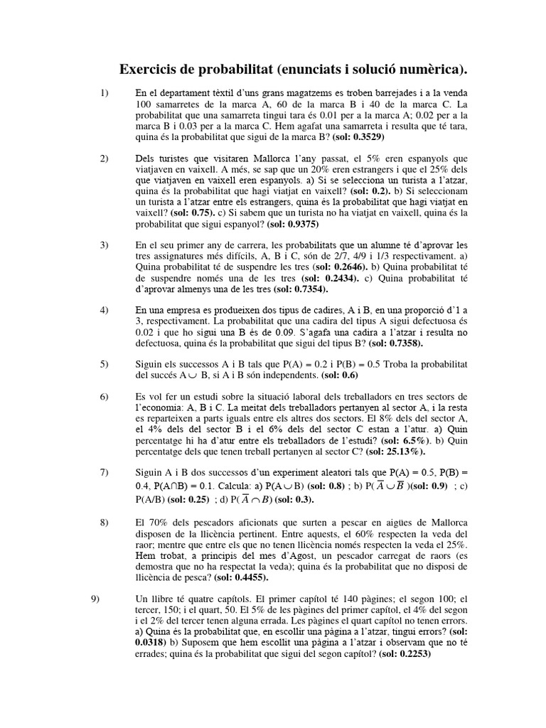 Exercicis de Probabilitat (Enunciats I Solució Numèrica) | PDF