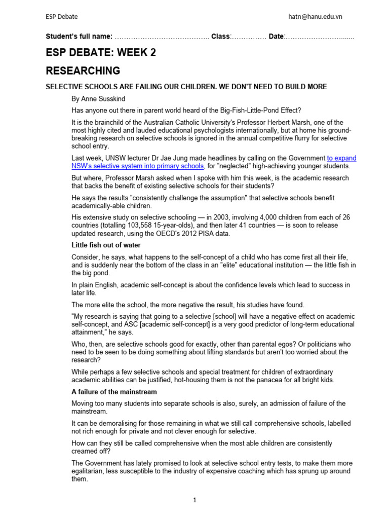 ESP Debate Week 2 - Selective Schools | PDF | Wellness