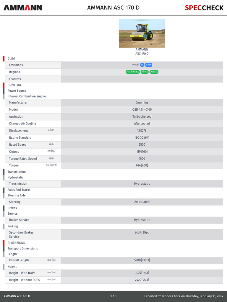 Ammann ASC 170 D Specifications | PDF | Oscillation | Horsepower