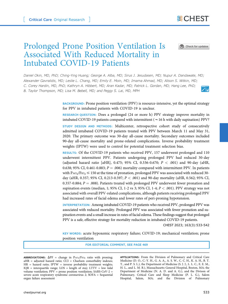 Prolonged Prone Position Ventilation Is Associated With Reduced | PDF ...
