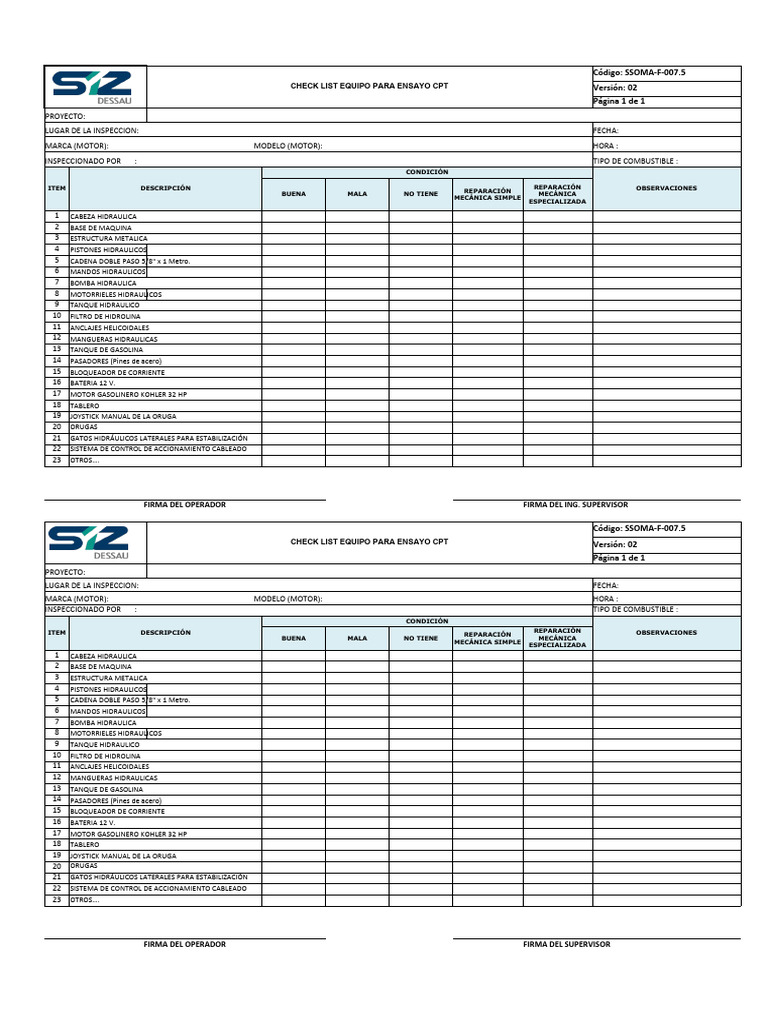SSOMA-F-007.5 Check List Máquina CPT | PDF | Motores | Tanques