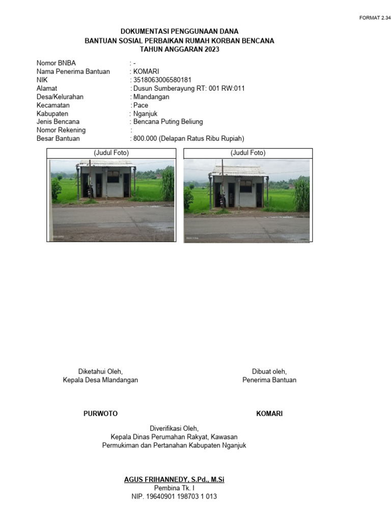 CONTOH LPJ BANSOS BENCANA 2023 Untuk Desa Komari | PDF